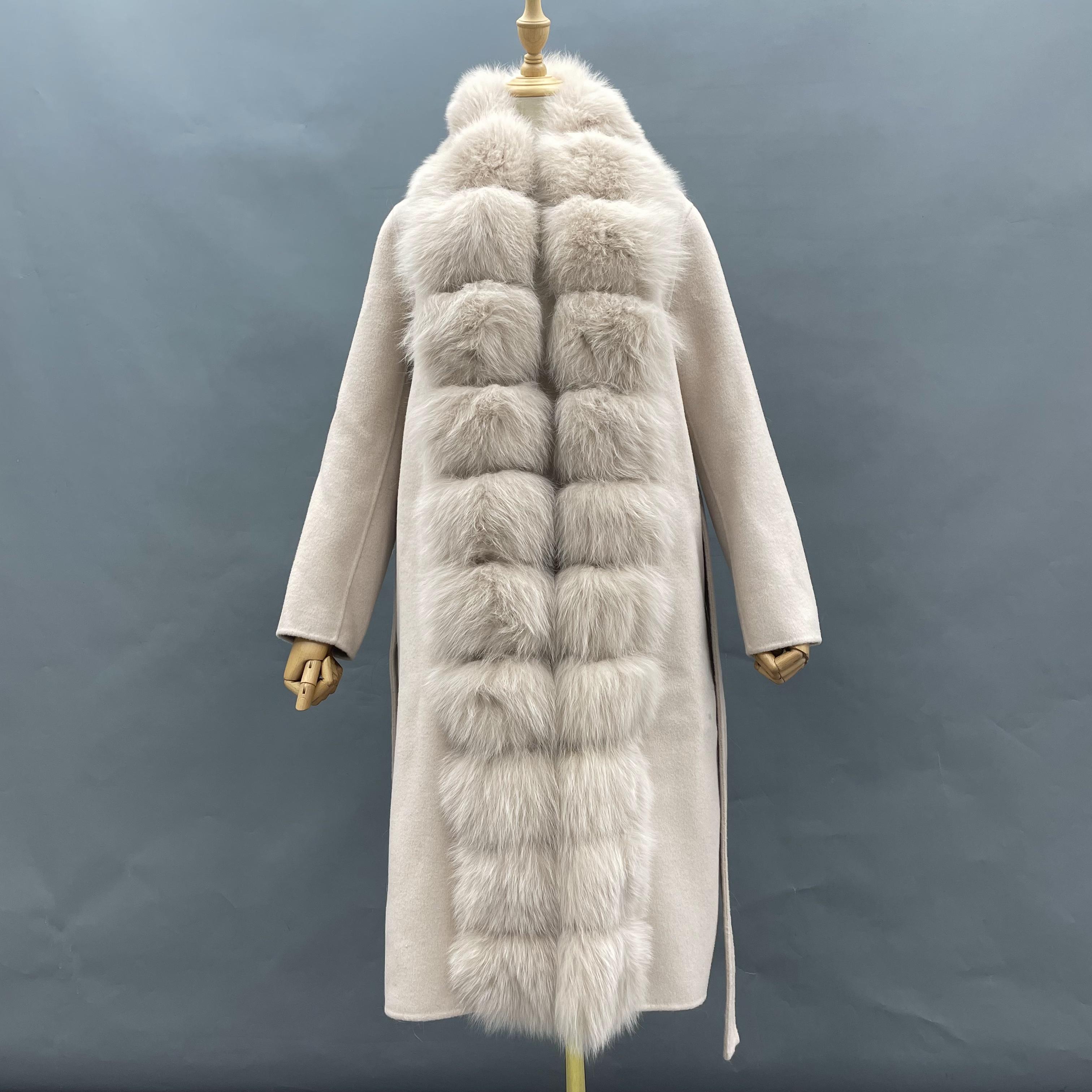 Janefur| Segmented Fox Fur Front Wool Coat with Fur Cuffs